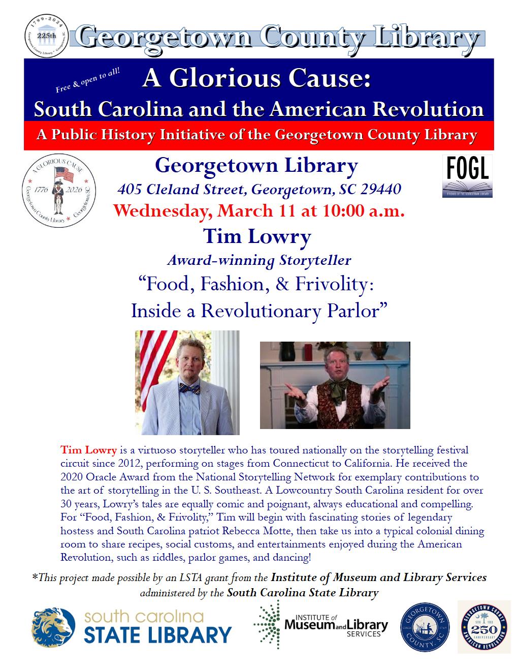 Tim Lowry, Award-winning Storyteller, “Food, Fashion, & Frivolity ...